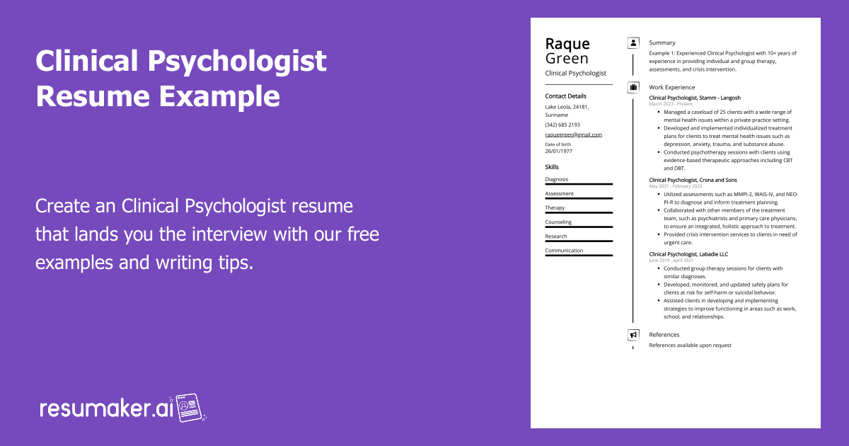 Clinical Psychologist Resume Example (Free Guide)