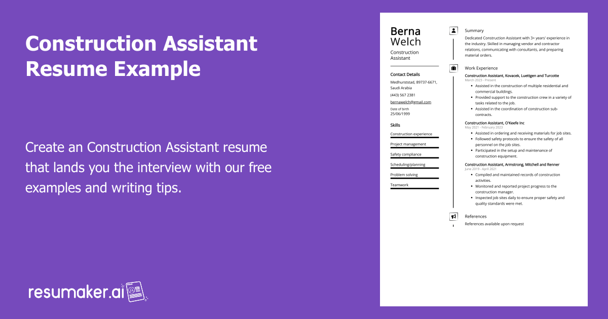 Construction Assistant Resume Example (Free Guide)