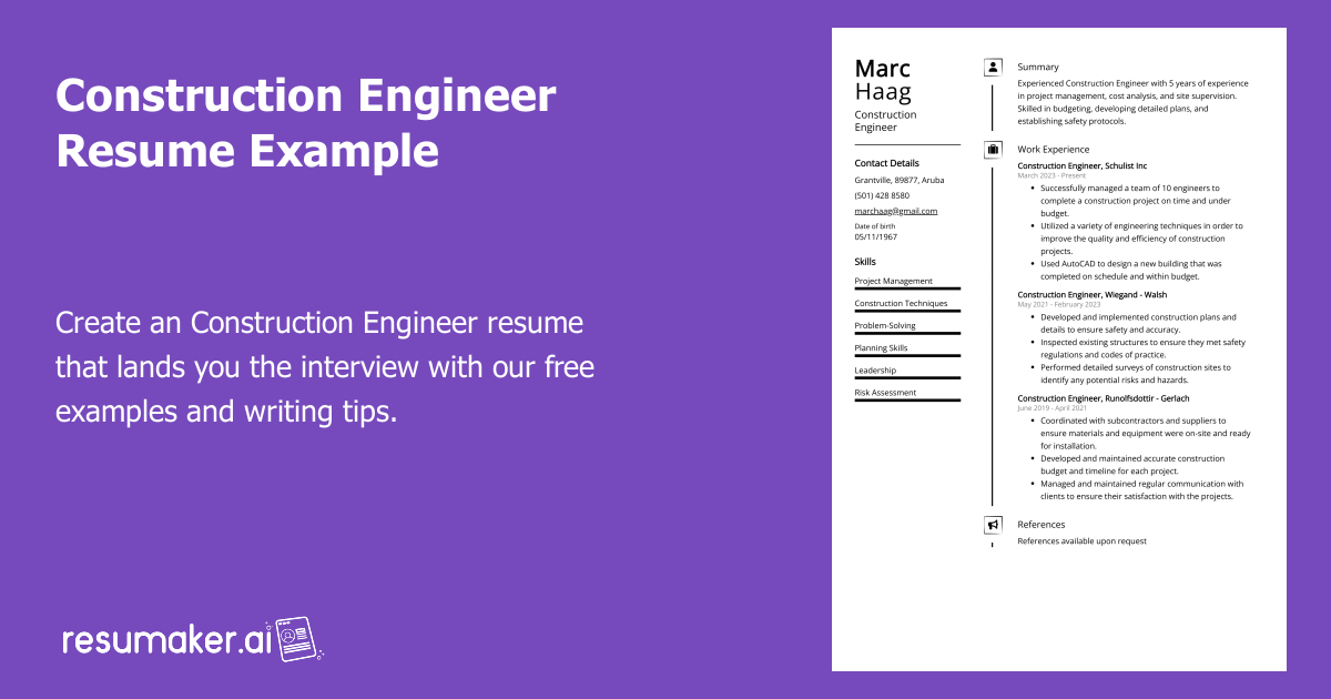 Construction Engineer Resume Example (Free Guide)