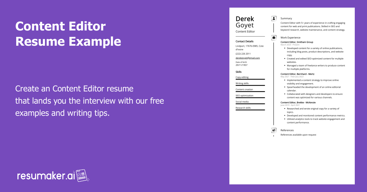Content Editor Resume Example (Free Guide)