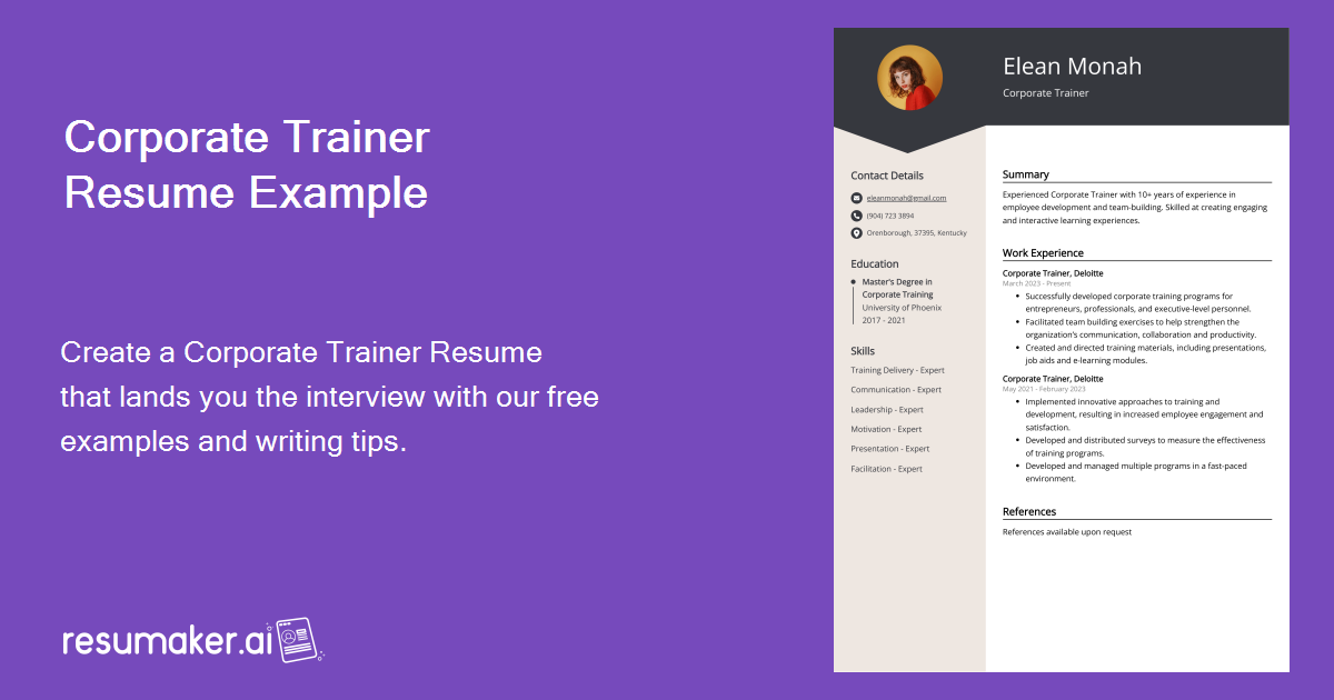 Corporate Trainer Resume Example for 2023 (Skills & Templates)
