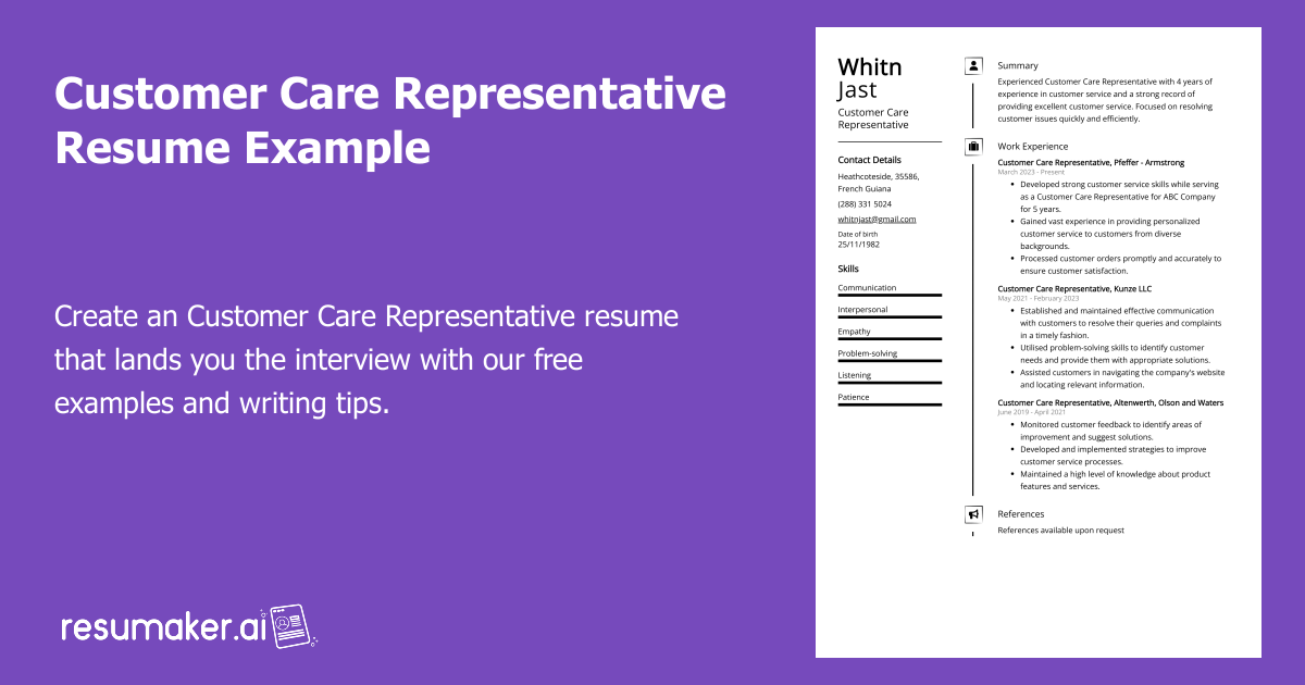 Customer Care Representative Resume Example (Free Guide)
