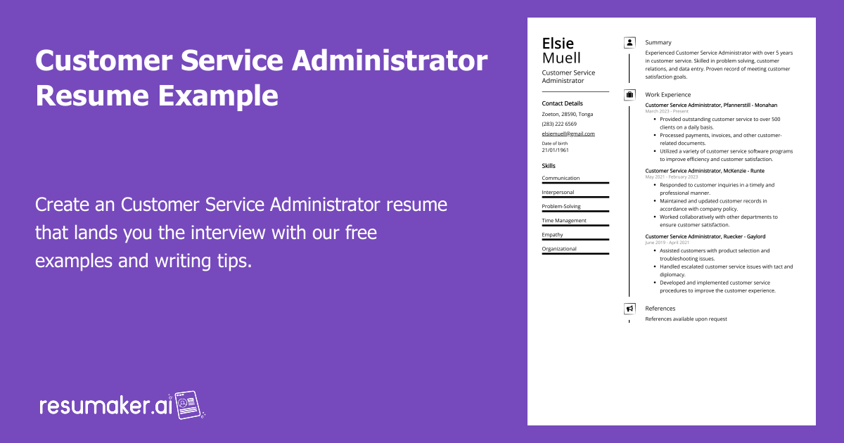 Customer Service Administrator Resume Example (Free Guide)