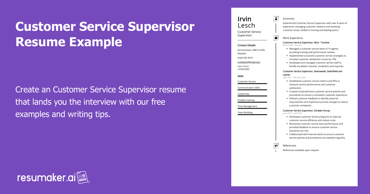 Customer Service Supervisor Resume Example (Free Guide)