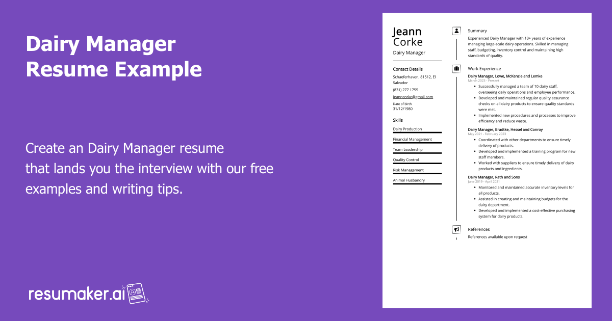 Dairy Manager Resume Example (Free Guide)