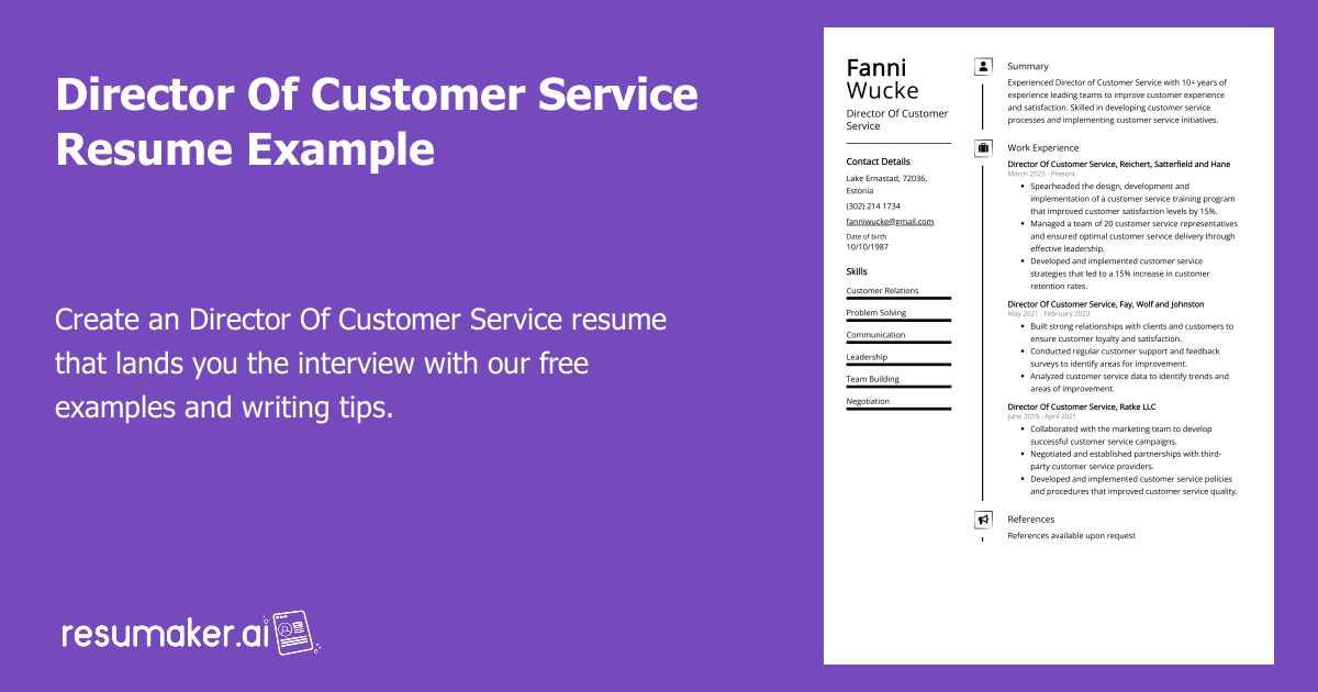 Director Of Customer Service Resume Example (Free Guide)
