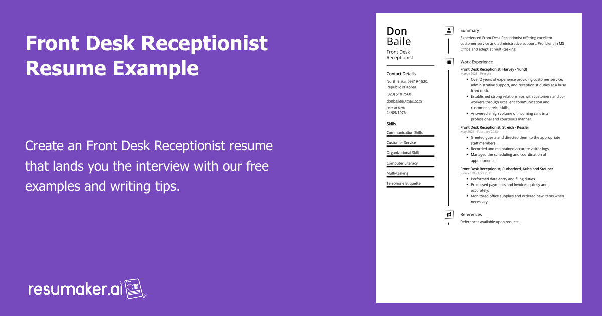 Front Desk Receptionist Resume Example (Free Guide)