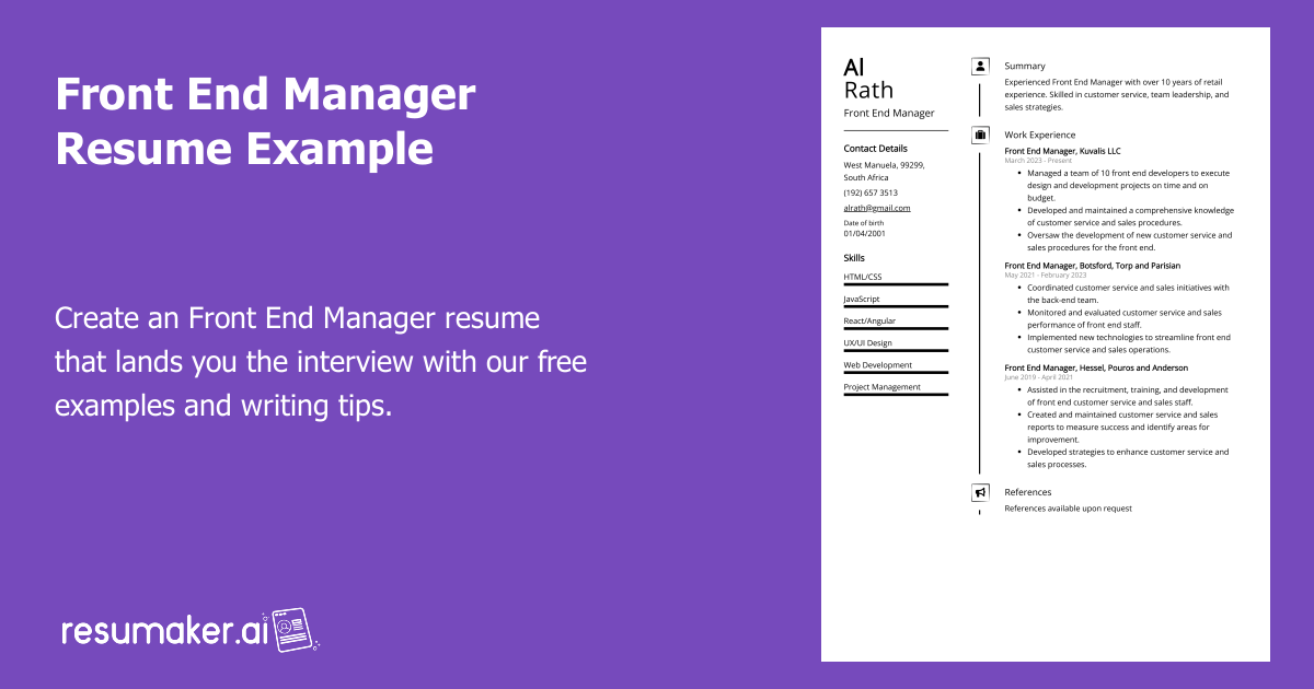 Front End Manager Resume Example (Free Guide)