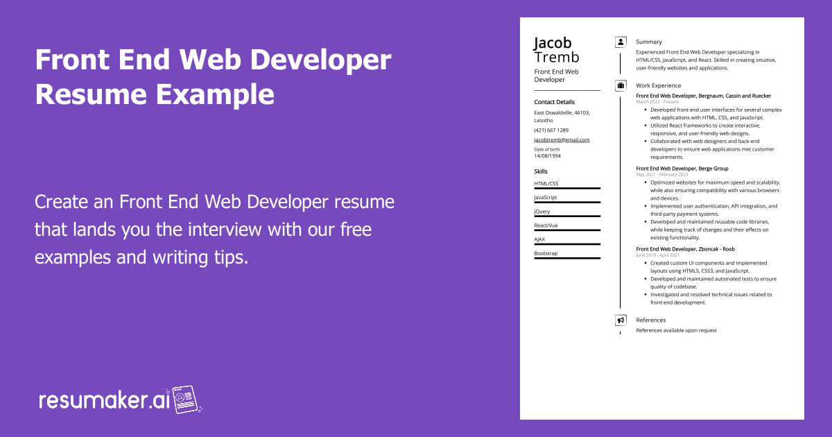 Front End Web Developer Resume Example (Free Guide) Front End Web Developer Resume Example (Free Guide)