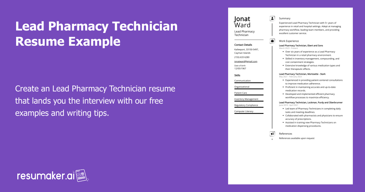 Lead Pharmacy Technician Resume Example (Free Guide)