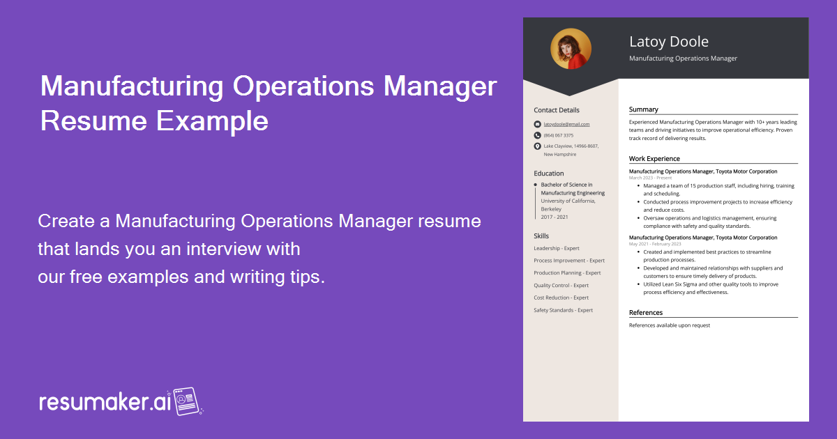 Manufacturing Operations Manager Resume: Job Description, Sample & Guide