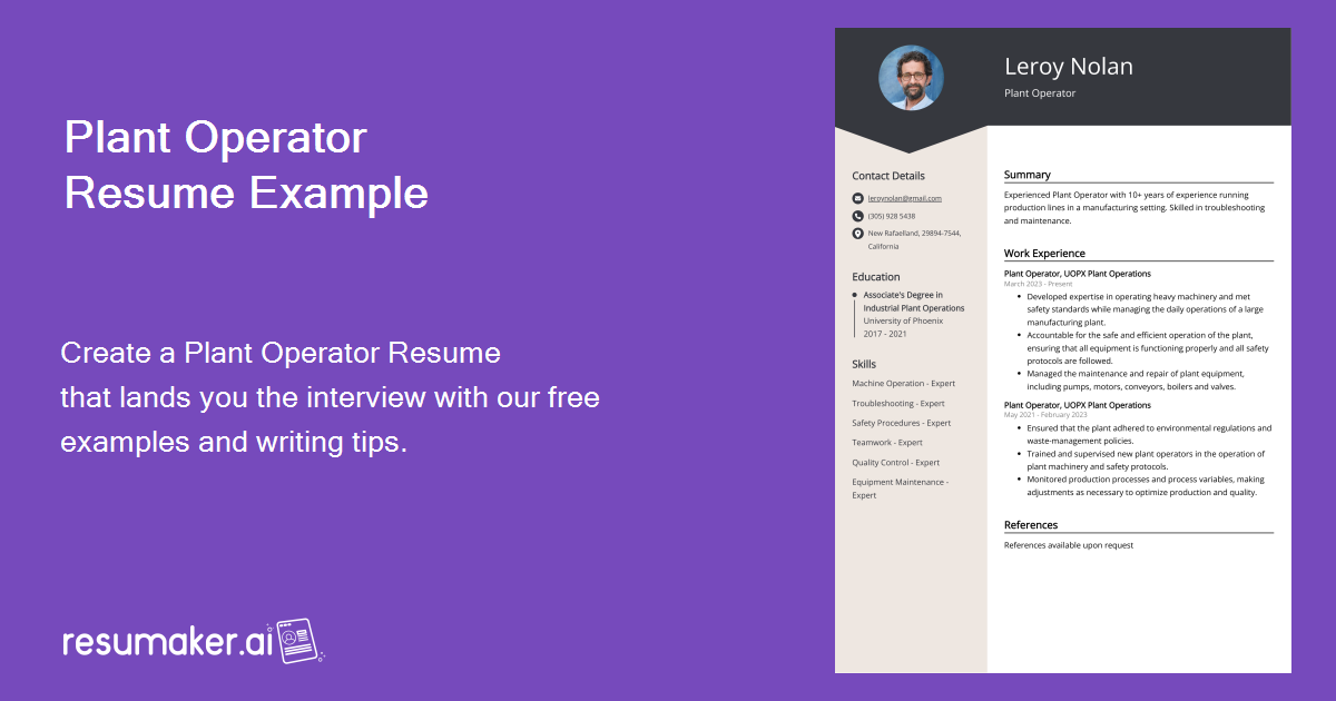 Plant Operator Resume Examples (Template & 20+ Tips)