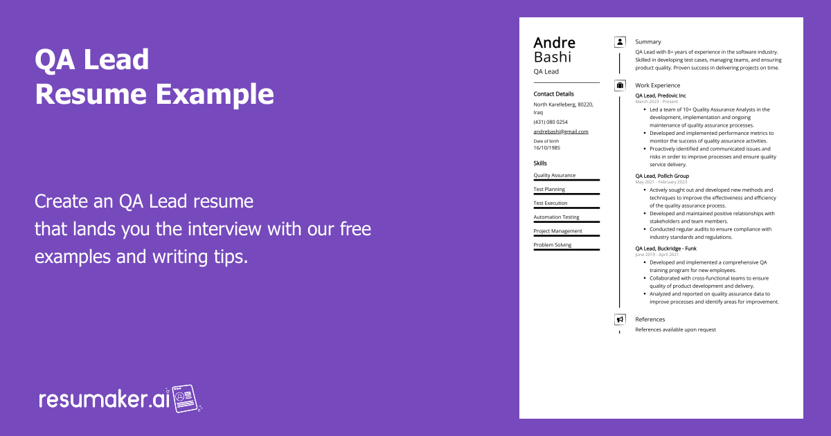 QA Lead Resume Example Free Guide 