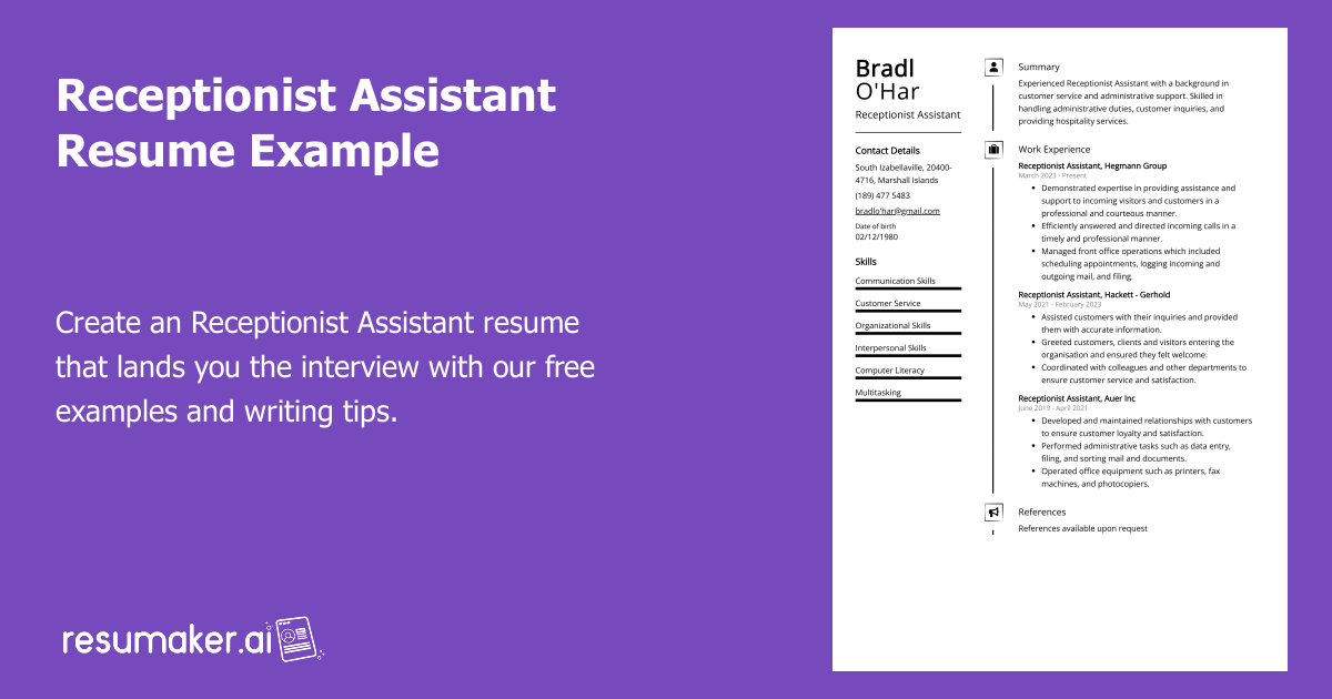Receptionist Assistant Resume Example (Free Guide)