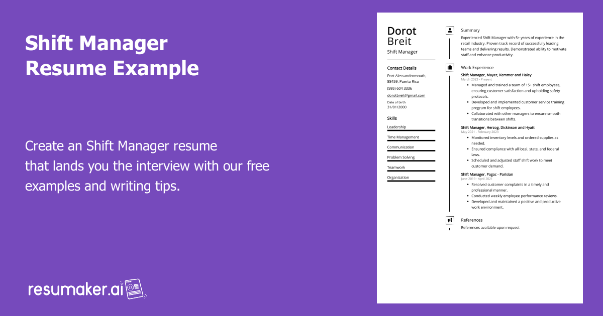 Shift Manager Resume Example Free Guide 