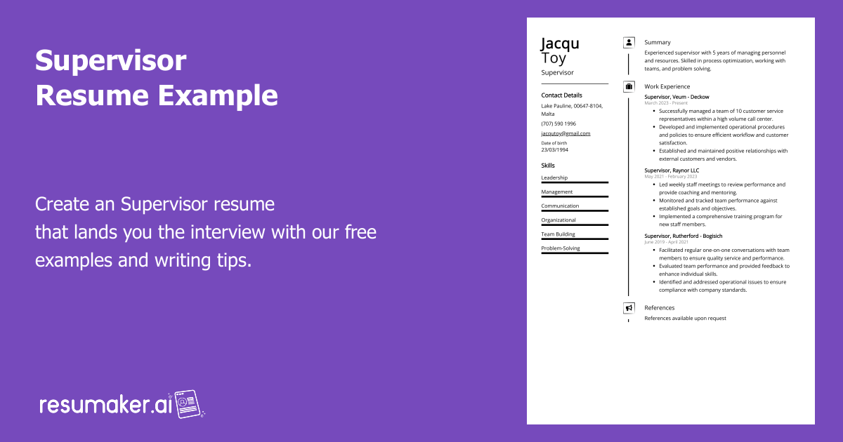 Sample Resume Supervisory Skills