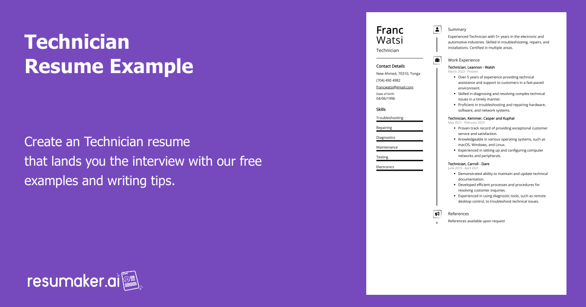 Technician Resume Example (Free Guide)